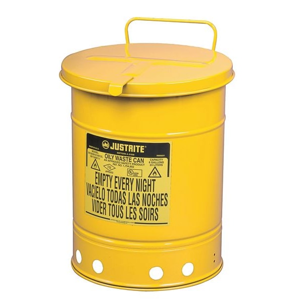 Justrite Oily Waste Can, 21 gal, Yellow, Steel, 23 7/16 in Height, Hand ...