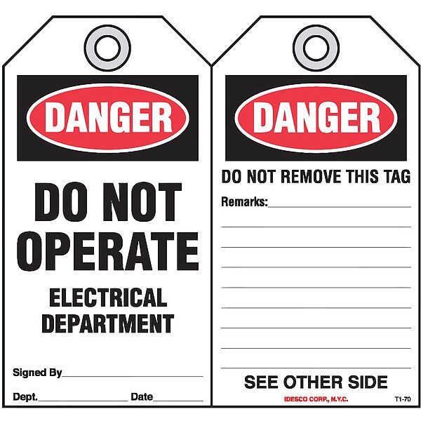Idesco Safety Electrical Dept Safety Tag, PK10 KAT170AC | Zoro