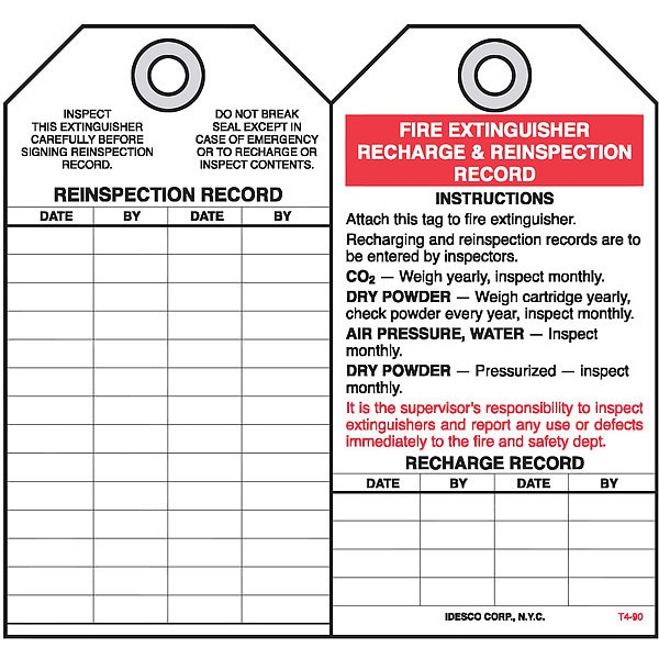 Idesco Safety Fire Extinguisher Safety Tag, PK10 KAT490AC | Zoro