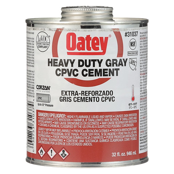 Oatey CPVC Cement, Heavy Duty, Gray, 32 oz. 31037 | Zoro