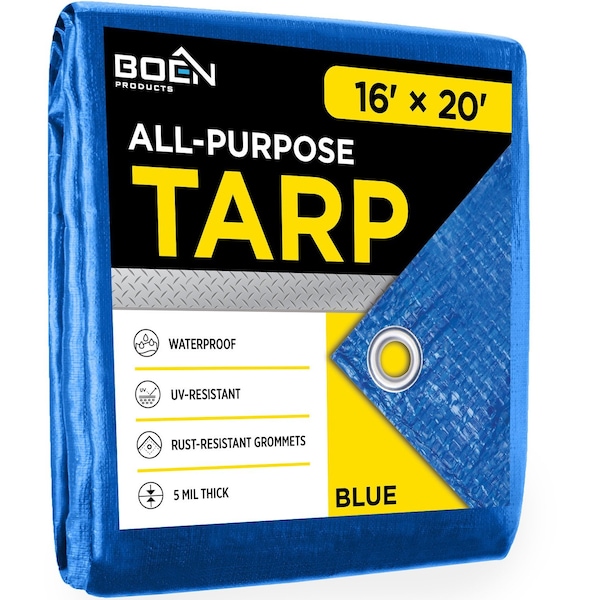 Boen All Purpose Tarp, 16 ft x 20 ft, 5 Mil, Blue, Polyethylene BT-1620 ...