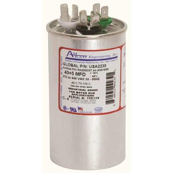 Amrad Engineering ROUND USA-MADE MOTOR RUN CAPACITOR, 40/5 MFD, 370/440 ...
