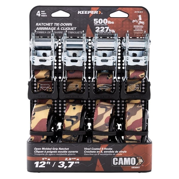 Keeper Ratchet Tie Down With Open Handle, 1 in W, 12 ft L, Camo, 500 lb ...