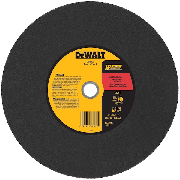 Dewalt Abrasive Cut-Off Wheel, Type 1, 14 in Dia, 0.1094 in Thick, 1 in ...