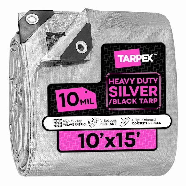 Tarpex Heavy Duty Tarp, 10 ft x 15 ft, 10 Mil, Silver/Black, Polyethylene STH-TA-1015 | Zoro