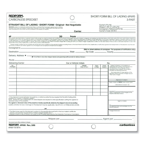 Rediform Speediset Bill Of Lading, Short Form, Three-Part Carbonless, 7 ...